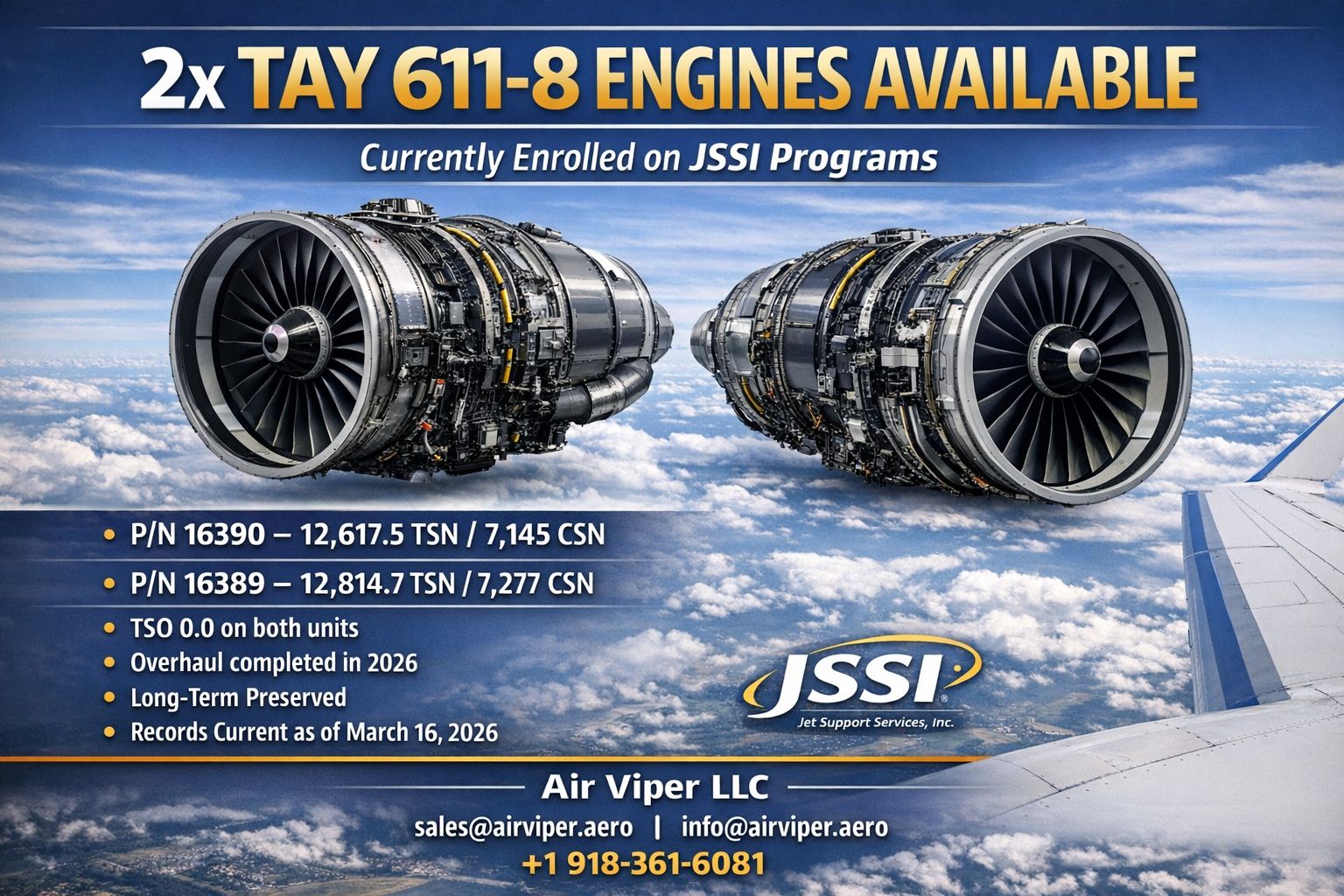 2x TAY 611-8 Engines Available Now: Fresh Overhaul, JSSI Enrolled, Zero ...